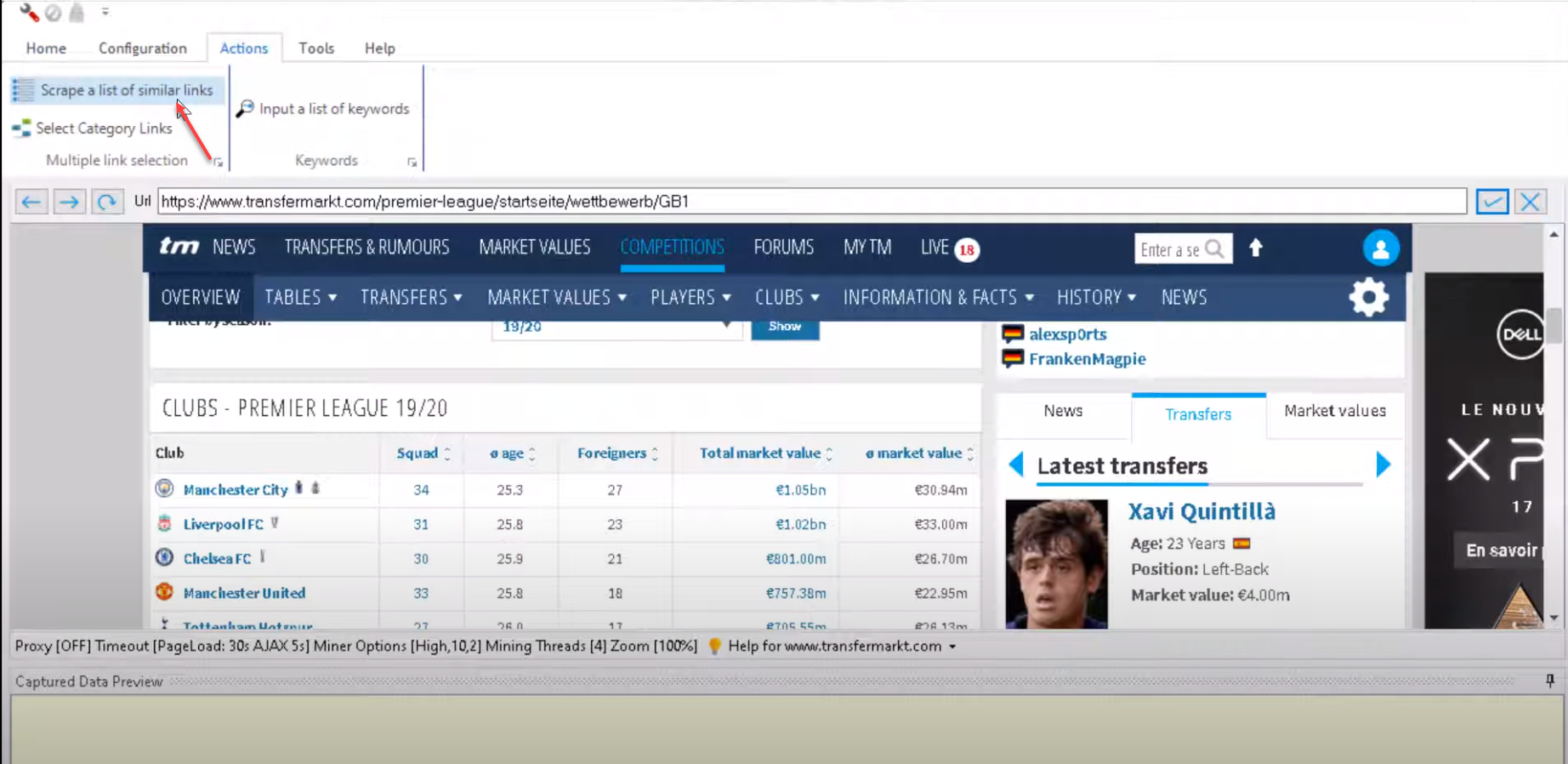 Scraping Transfermarkt with No Code